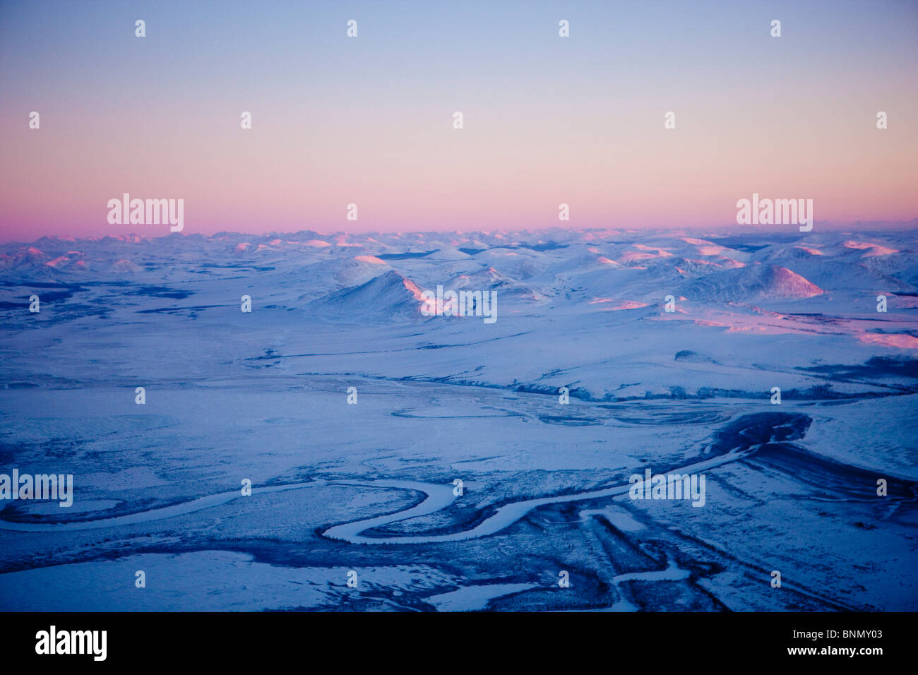 Aerial view of the Noatak River valley and the Baird Mountains just ...