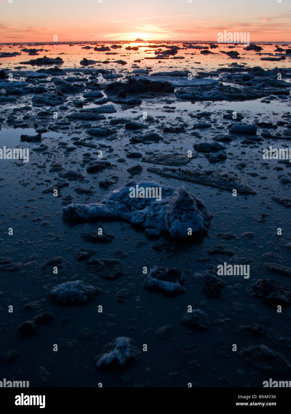 Sunset scenic of broken ice on Turnagain Arm, Alaska Stock Photo - Alamy