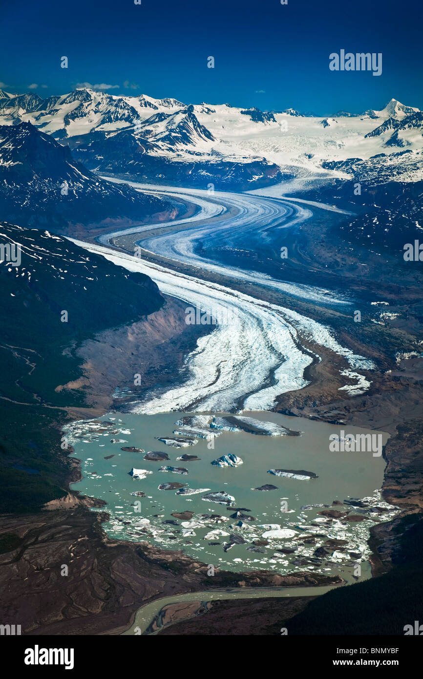 Aerial of Rohn Glacier flowing into Nizina Glacier, Wrangell St. Elias ...