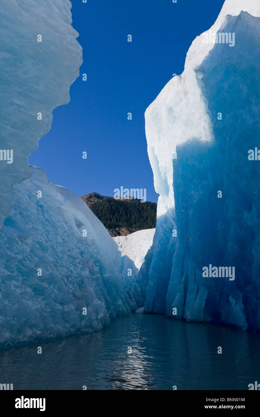Close up of towering seracs and blue glacier ice of Mendenhall Glacier ...