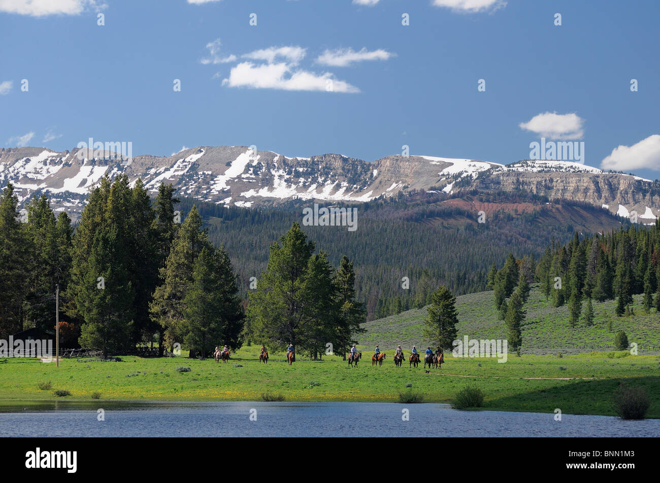 Horseback horses riders Lake Flying A Ranch Pinedale Wyoming USA Stock ...