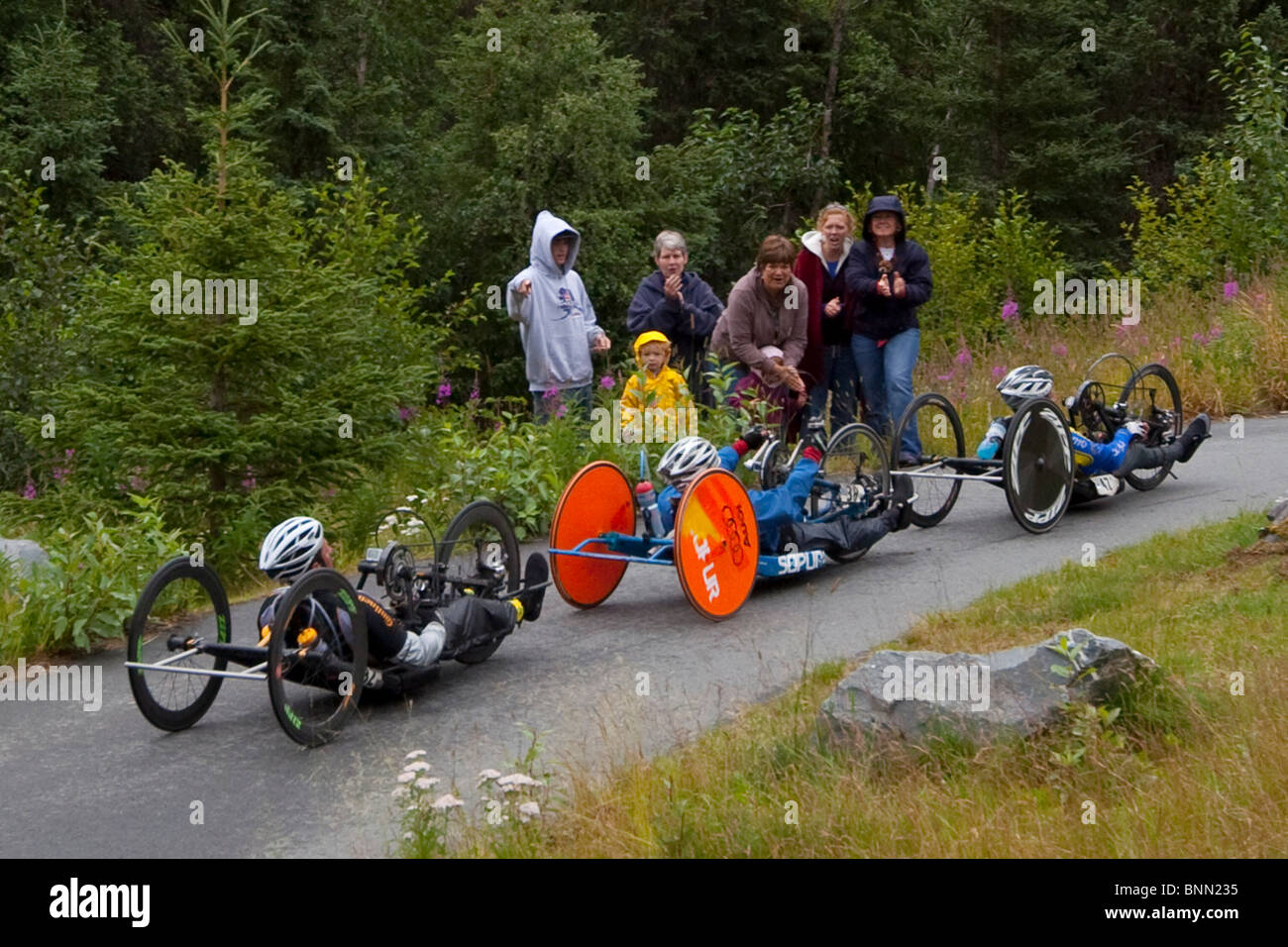 Handicapped racers on biketrail track during Sadler's Challenge along ...