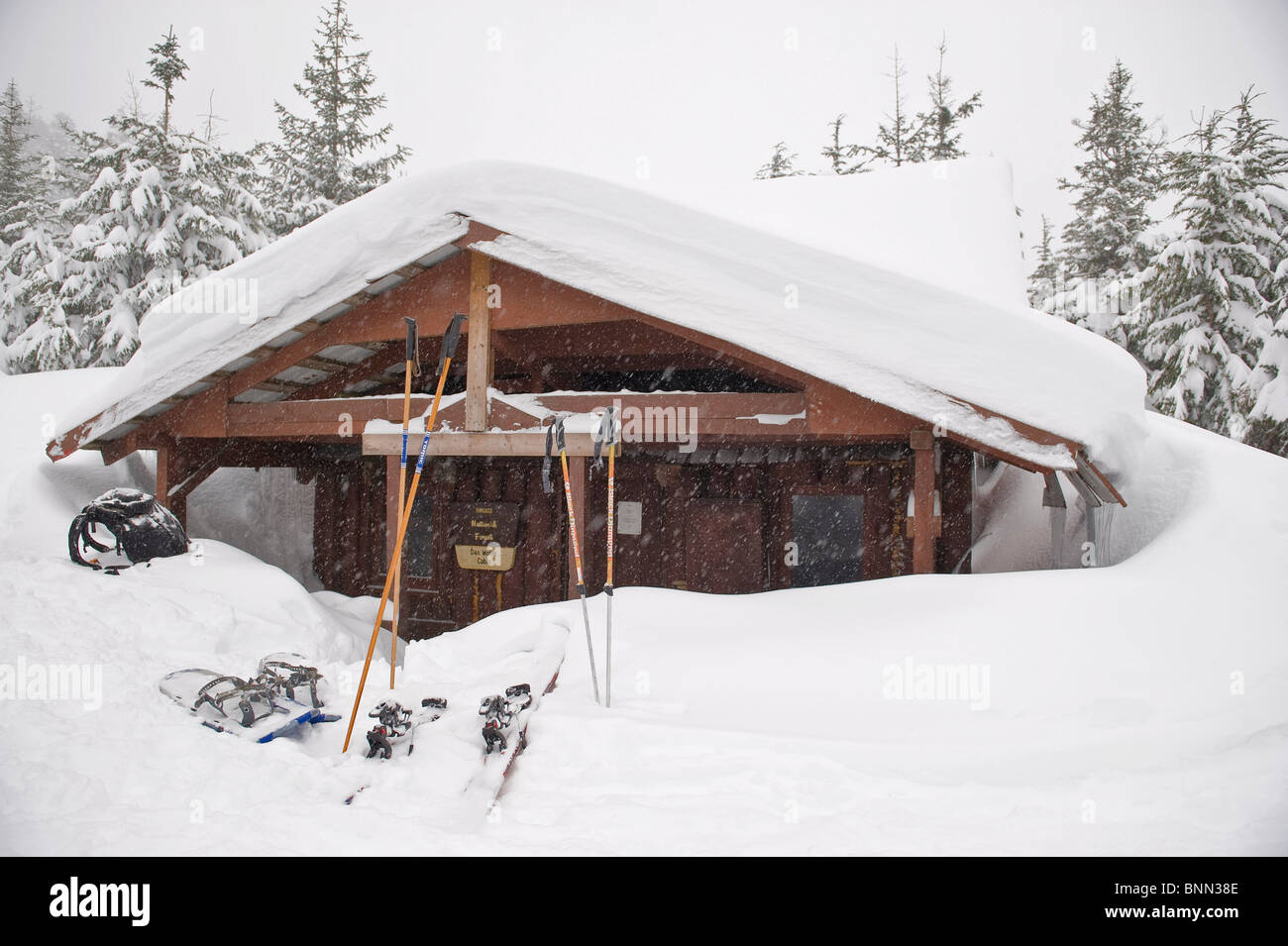 Snowshoes and skis line the entrance to the Dan Moller Forest Service ...