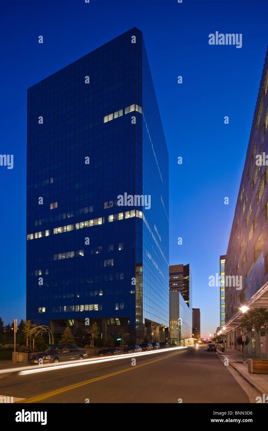 The Atwood Tower at twilight in downtown Anchorage, Alaska Stock Photo ...