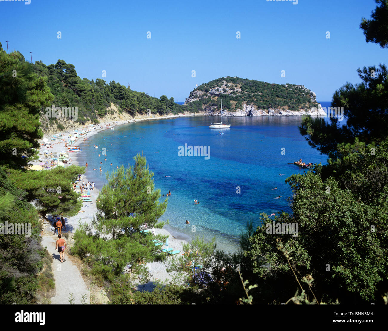 View of beautiful Stafilos beach on the islands south coast near ...