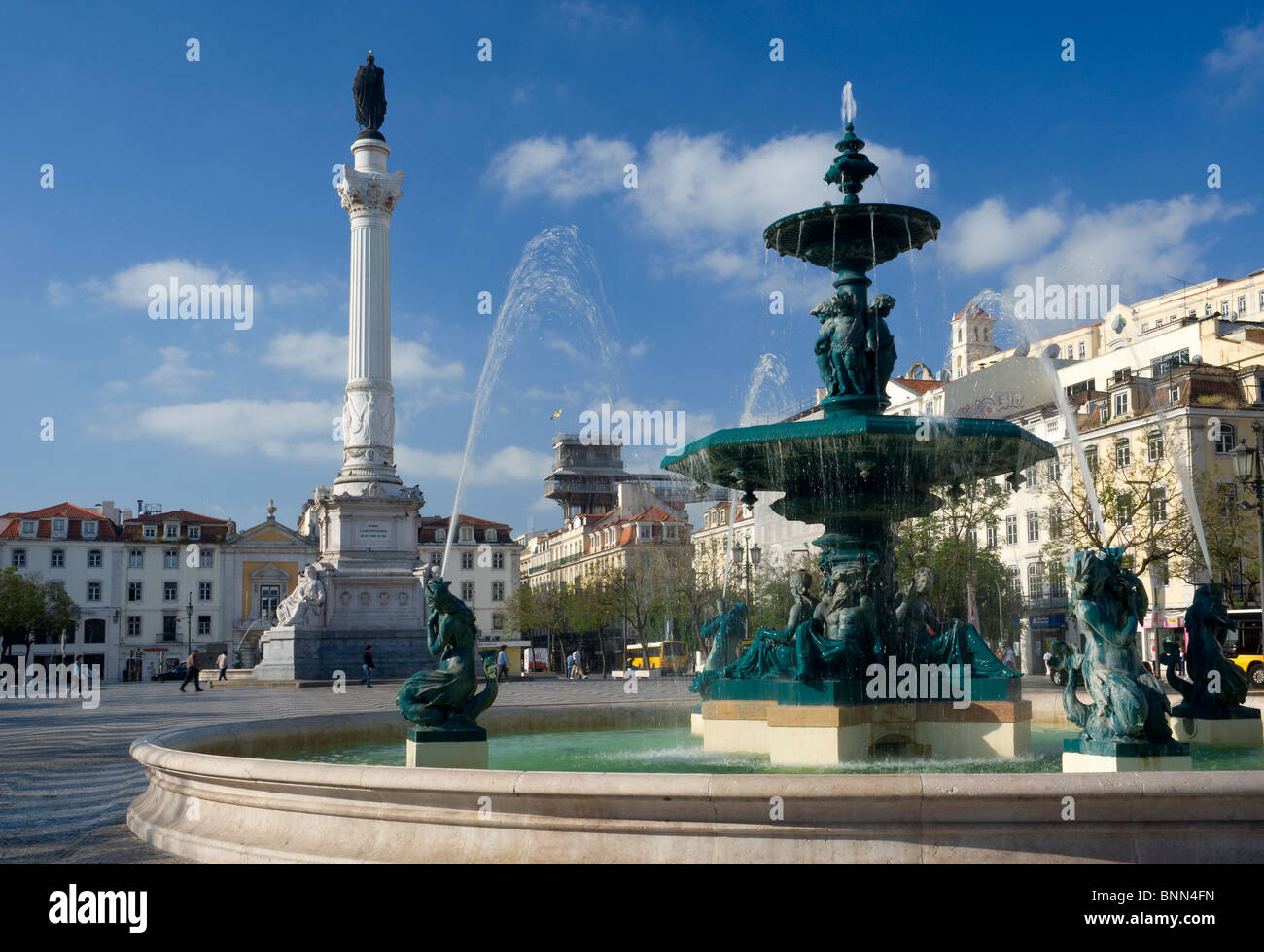 Portugal, Lisbon, Rossio square, fountains and statue to Dom Pedro IV ...