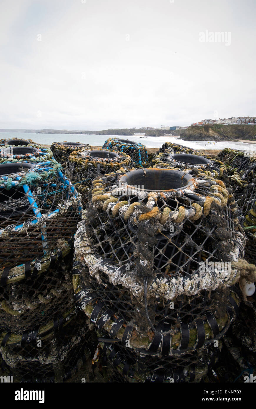Newquay Cornwall UK Harbor Harbour Quay Beach Lobster Pots Stock Photo ...