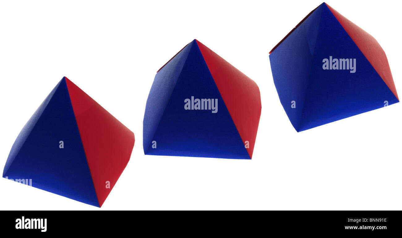 Red and blue triangle cone shaped origami at slightly different angles ...