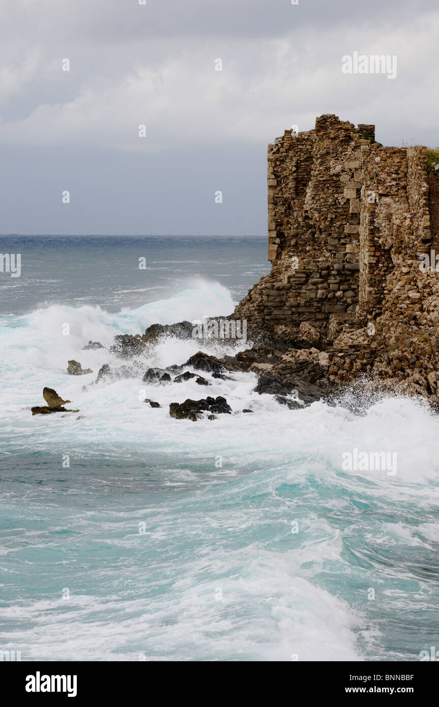 light house fortress tower ruin Methoni sea Peloponnese Greece ...