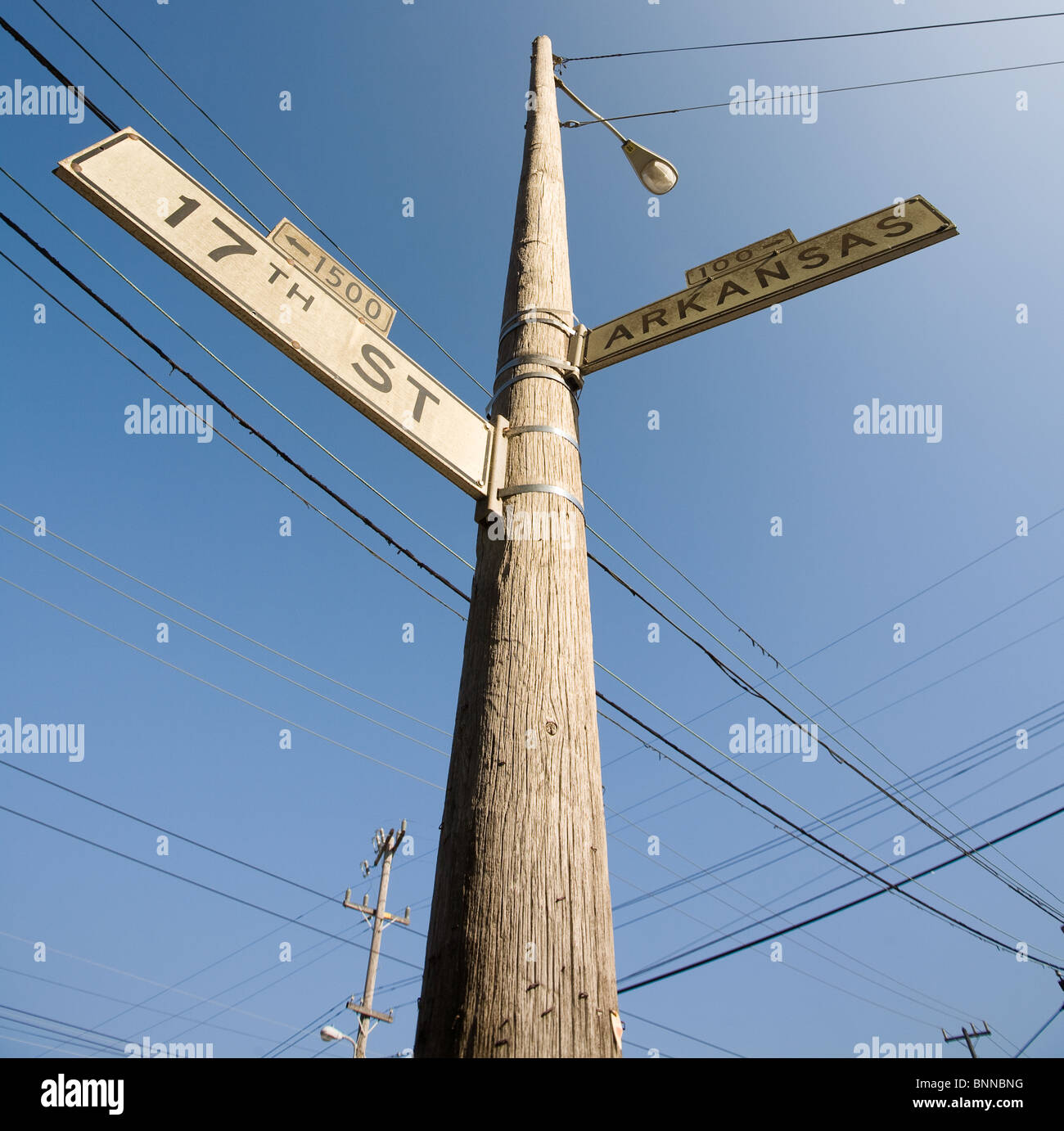 Wide angle view of a lamp pole with street signs Stock Photo - Alamy