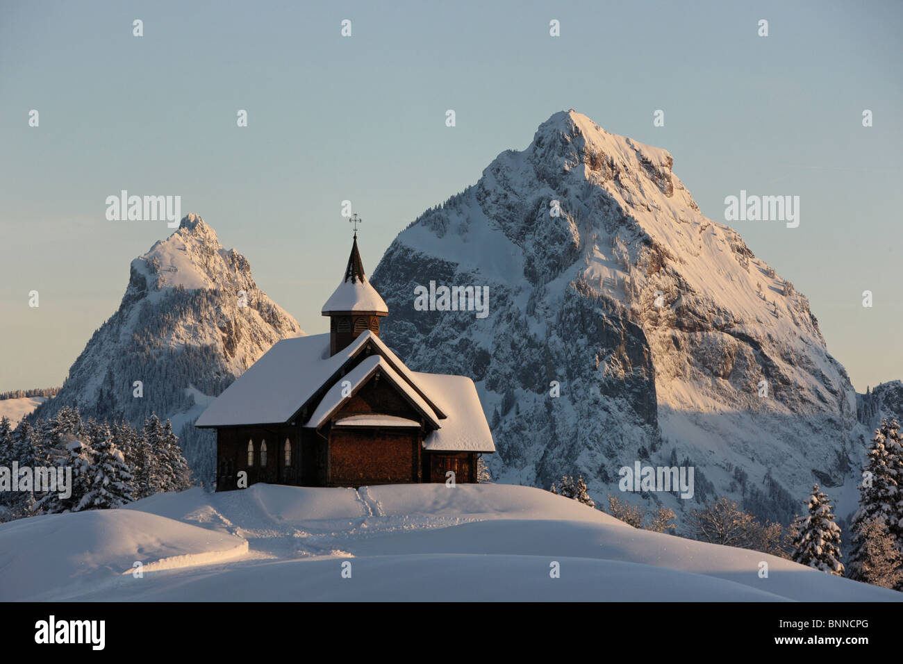 Switzerland swiss scenery chapel church winter snow mountains myths ...