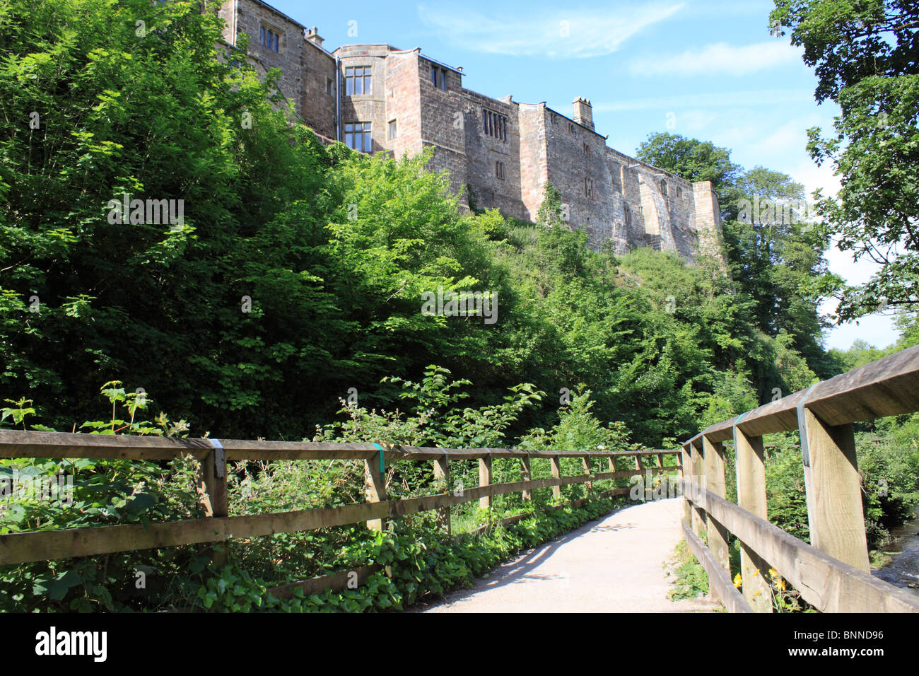 the rear of Skipton Castle viewed from the pathway by Springs Branch ...