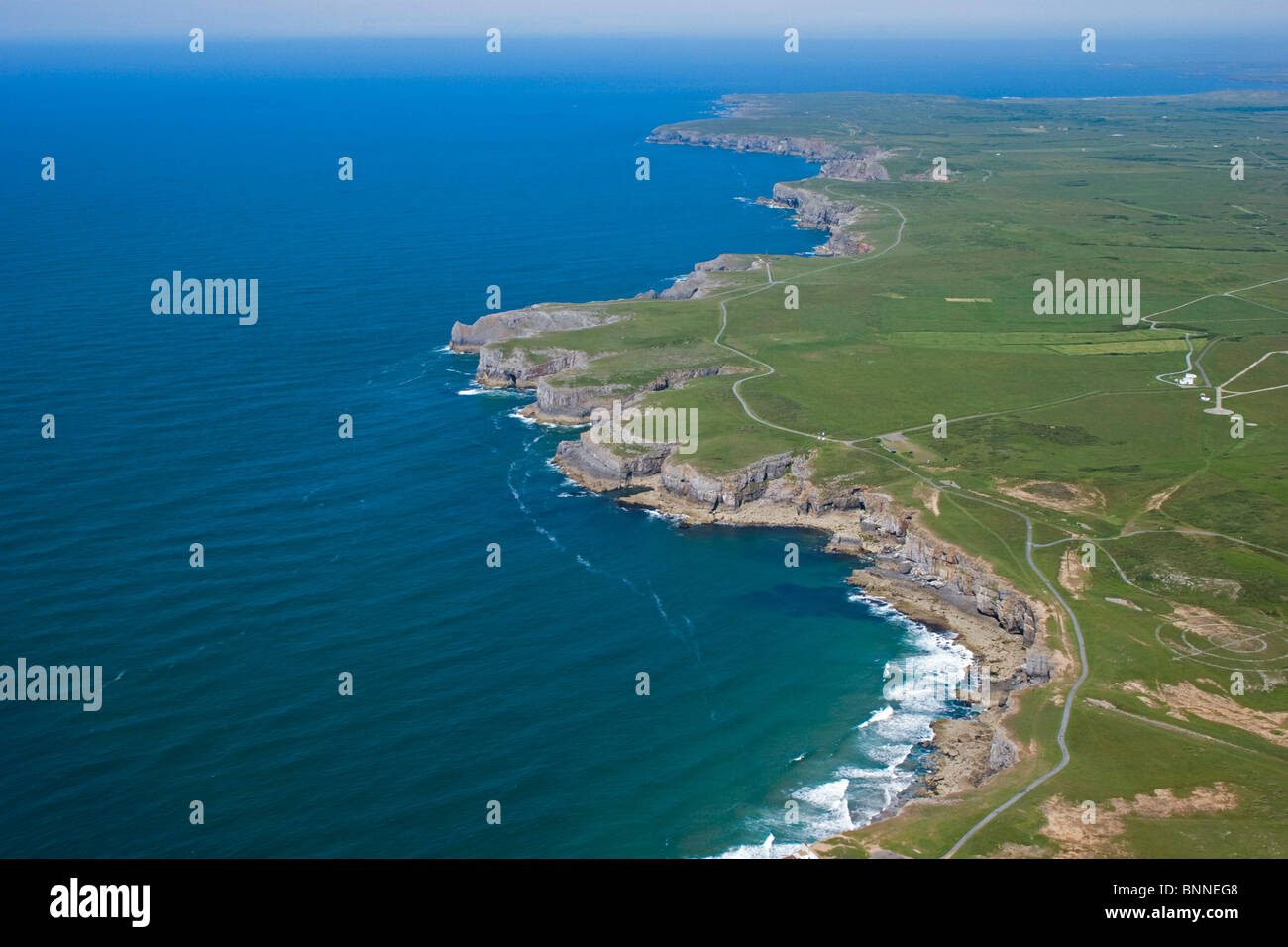 Aerial view of Pembrokeshire cliffs near Castlemartin range seascape ...