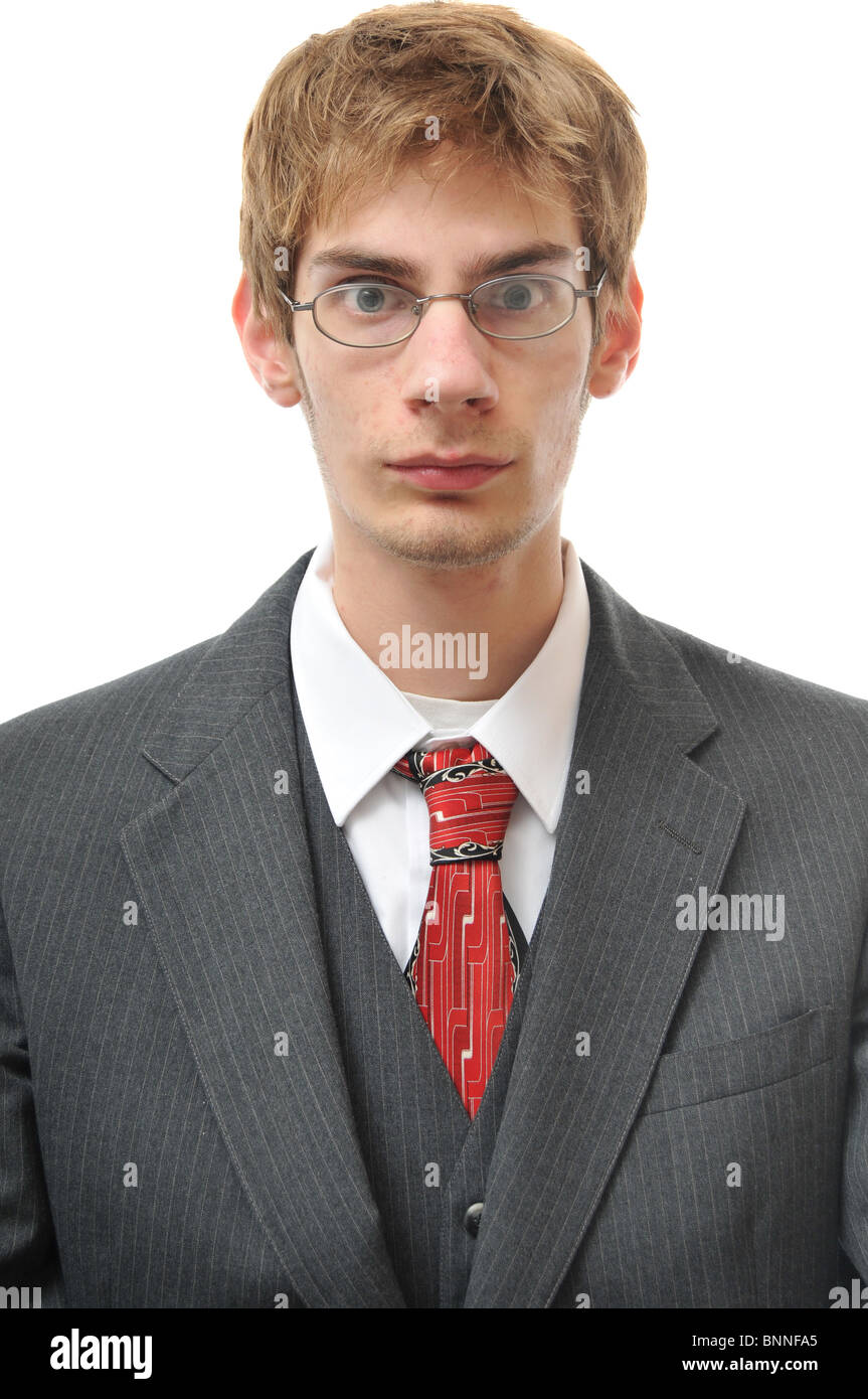 Serious unemotional man in suit isolated on white background. Cold ...