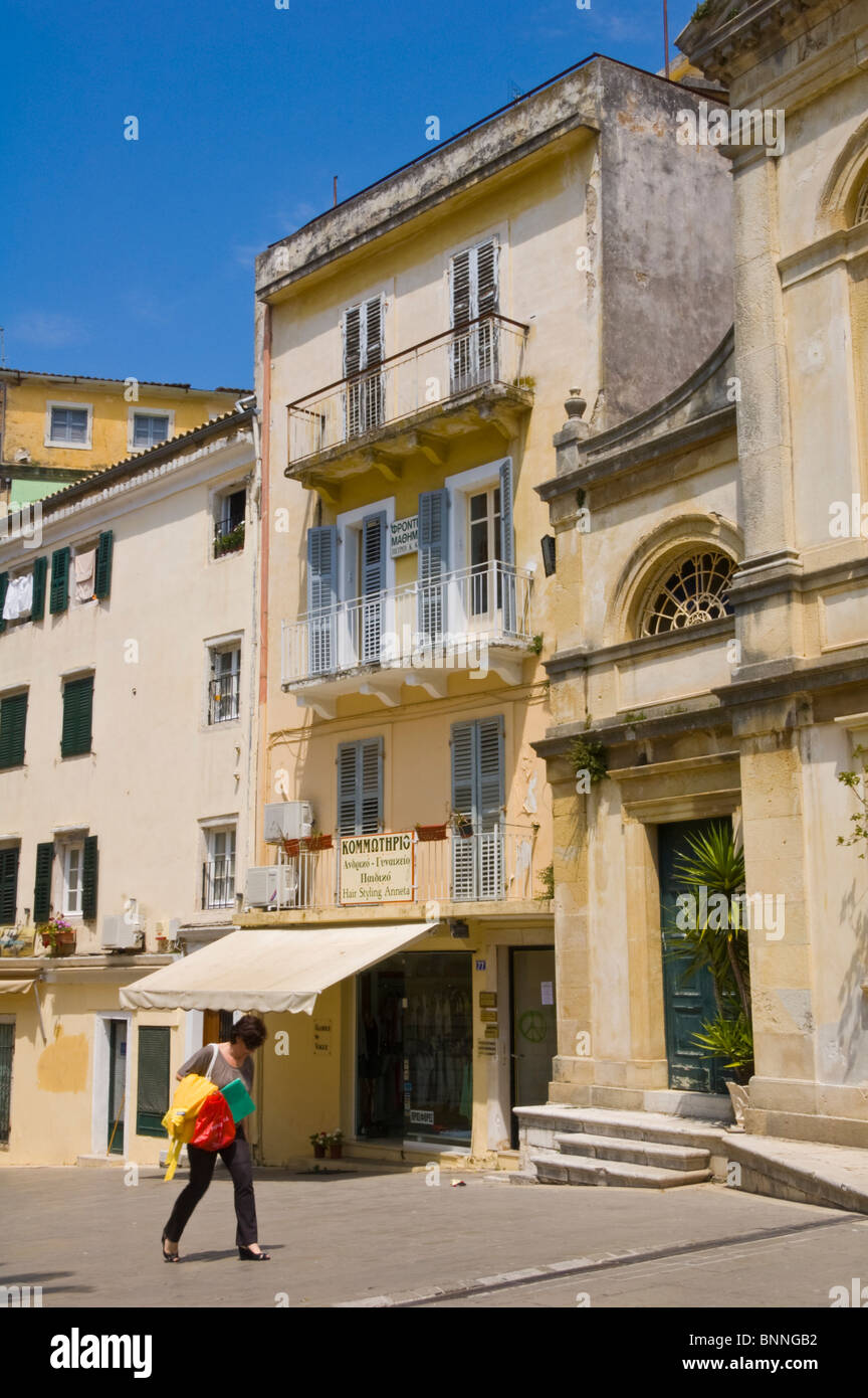 Traditional style buildings in Corfu Old Town on the Greek island of ...