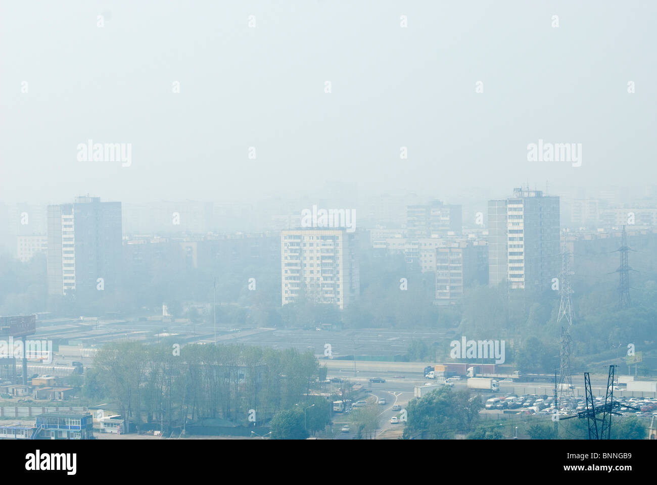 Living quarters of Moscow covered by forest fire clouds. Moscow, 27 ...