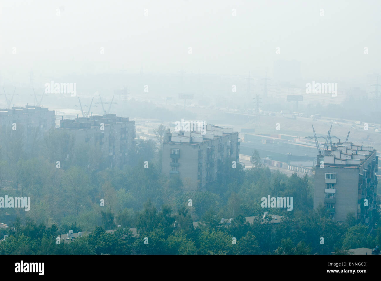 Living quarters of Moscow covered by forest fire clouds. Moscow, 27 ...