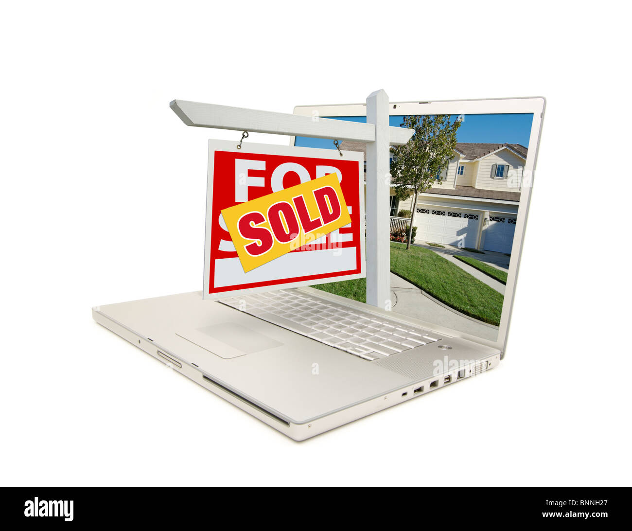 Red Sold For Sale Sign on Laptop Isolated on a White Background Stock ...