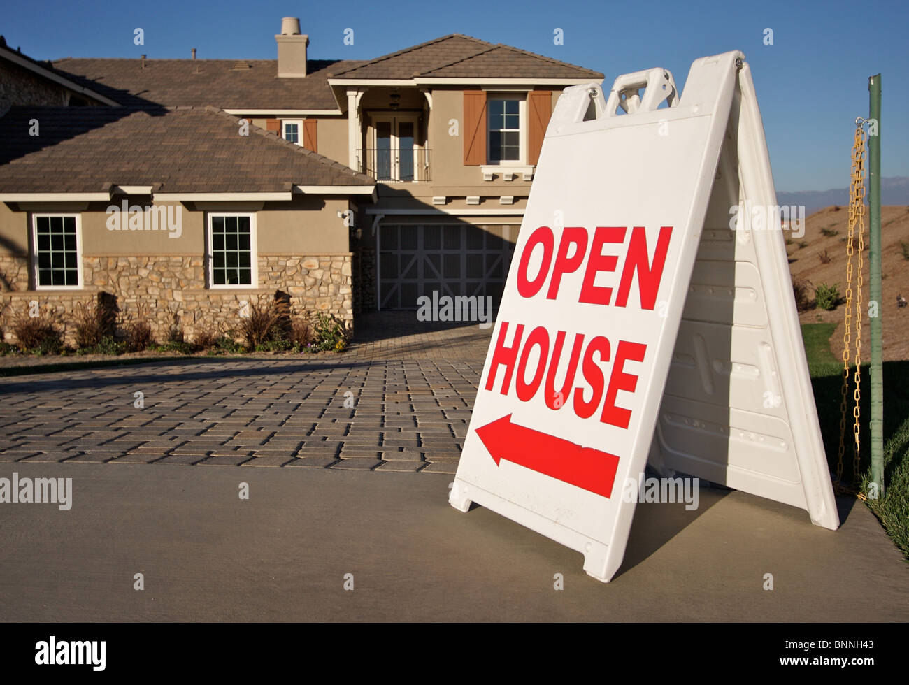 Open House Sign in Front of A Brand New Home. Room for your own message ...
