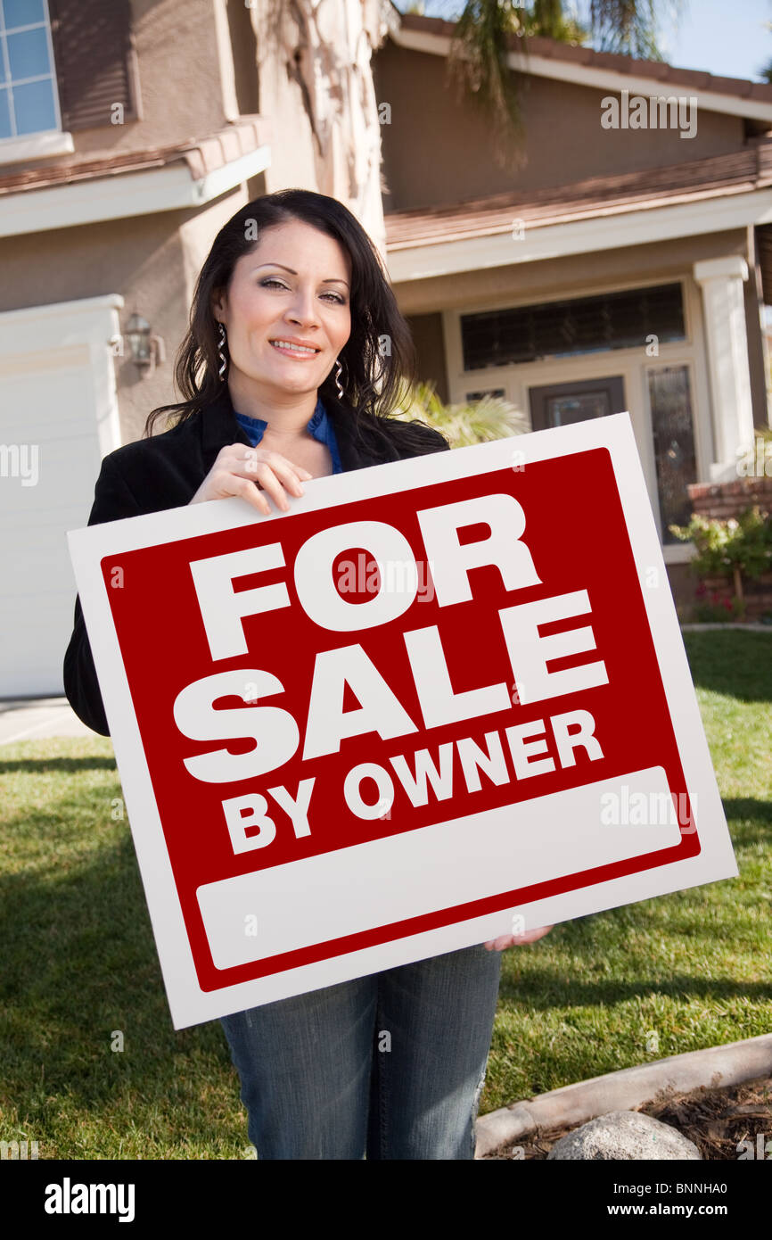 Happy Attractive Hispanic Woman Holding For Sale By Owner Real Estate ...
