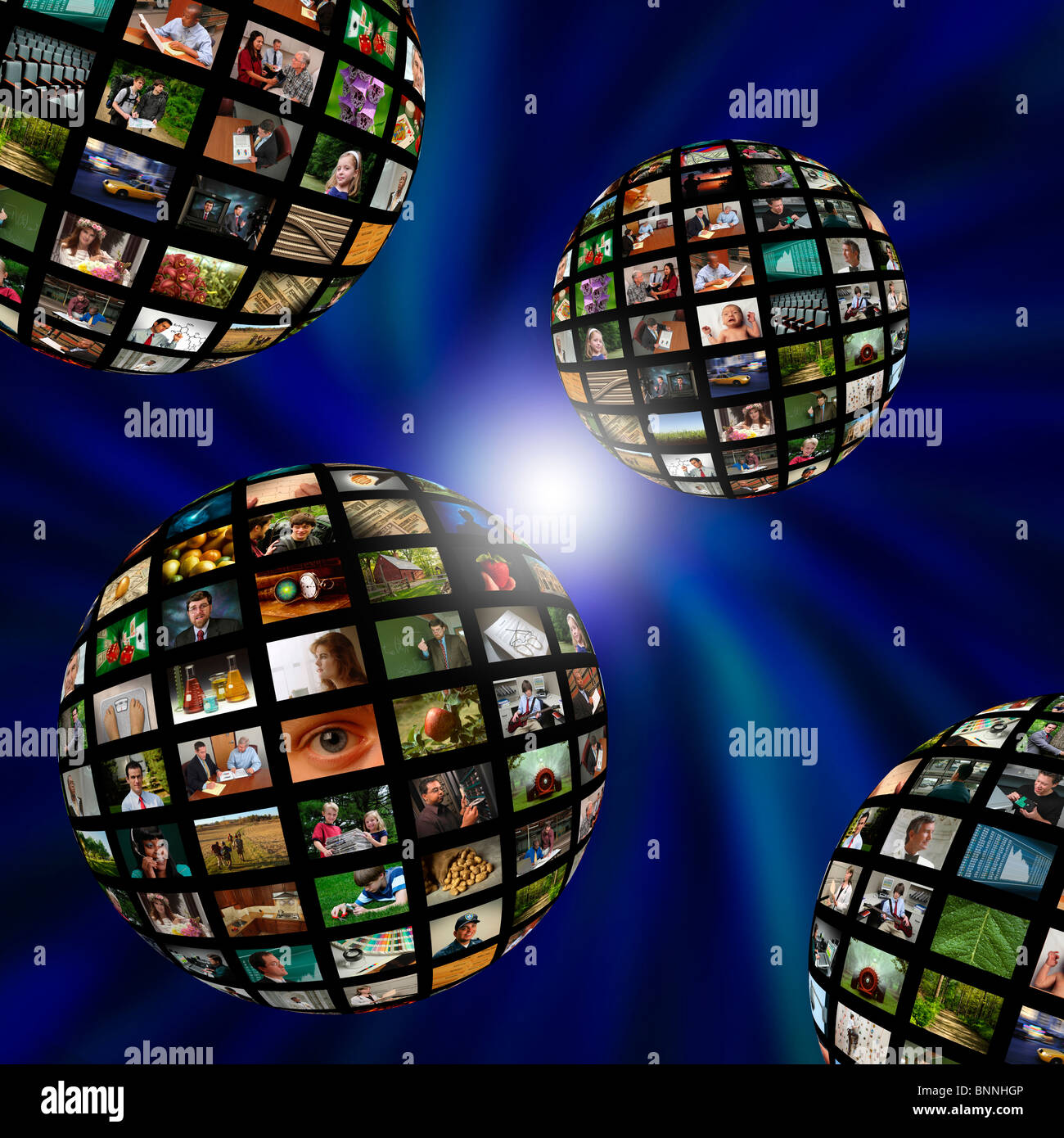 Four spheres of photographs or video in a blue vortex Stock Photo - Alamy