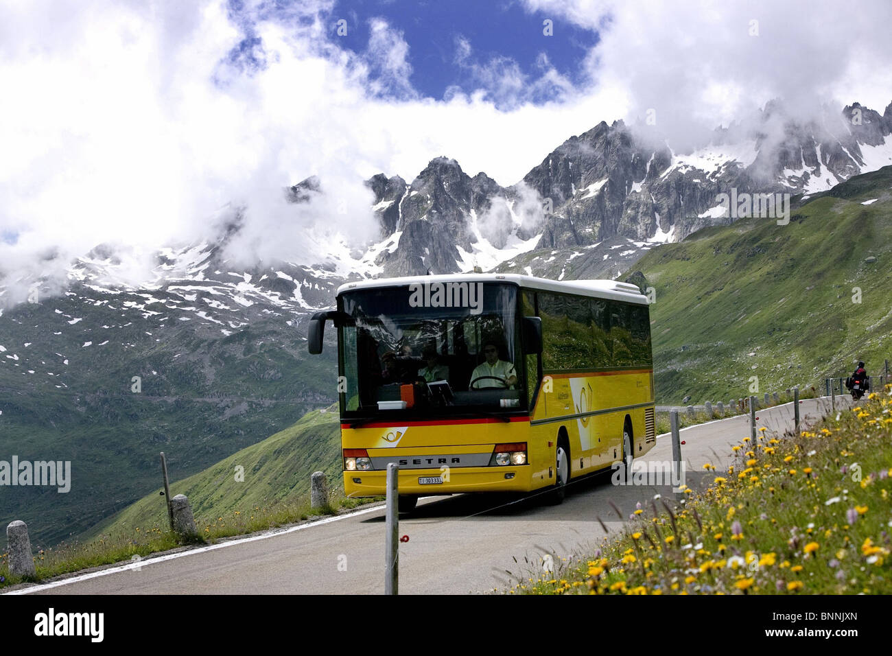 Switzerland swiss traffic bus Furka Pass postal car canton Uri mountain ...