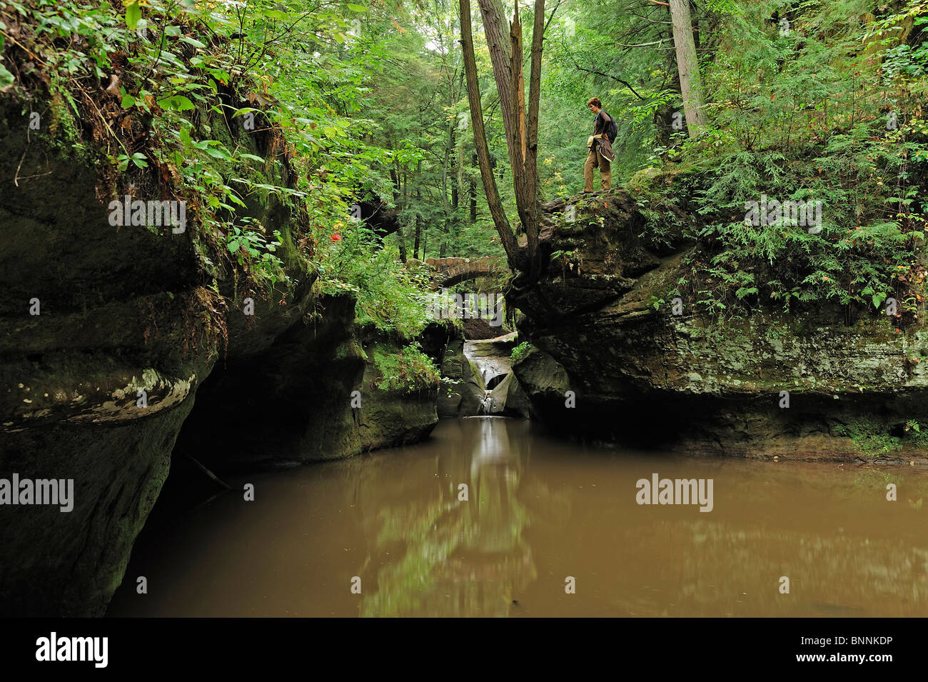 Upper Falls old stone bridge Hocking Hills State Park Ohio USA America ...