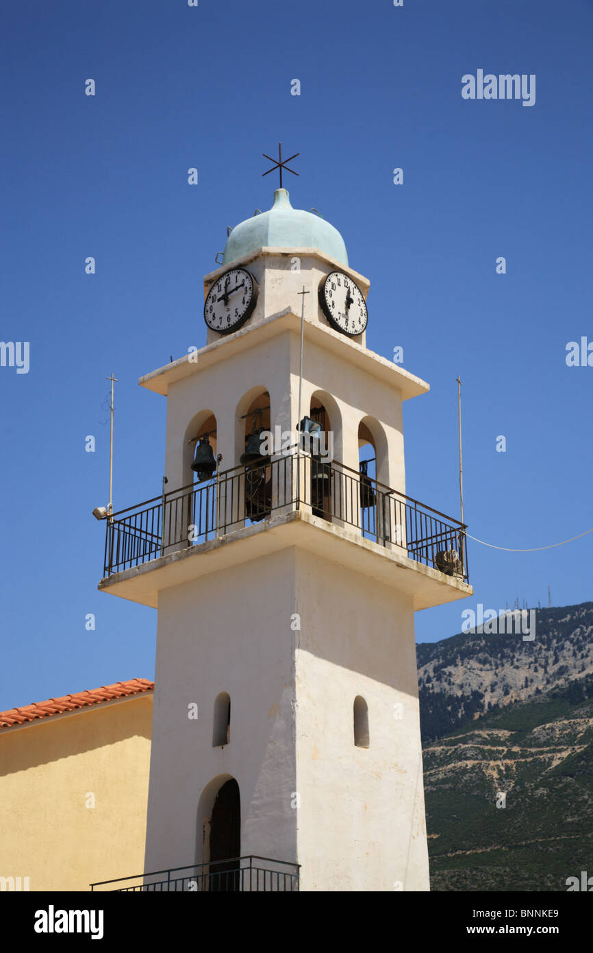 Clock tower of a church in Kefalonia Greece Stock Photo - Alamy