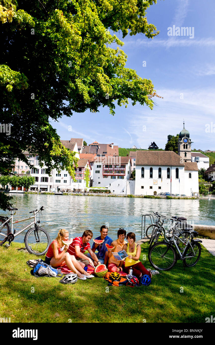 Switzerland swiss ride a bicycle group picnic rest water melons bicycle ...