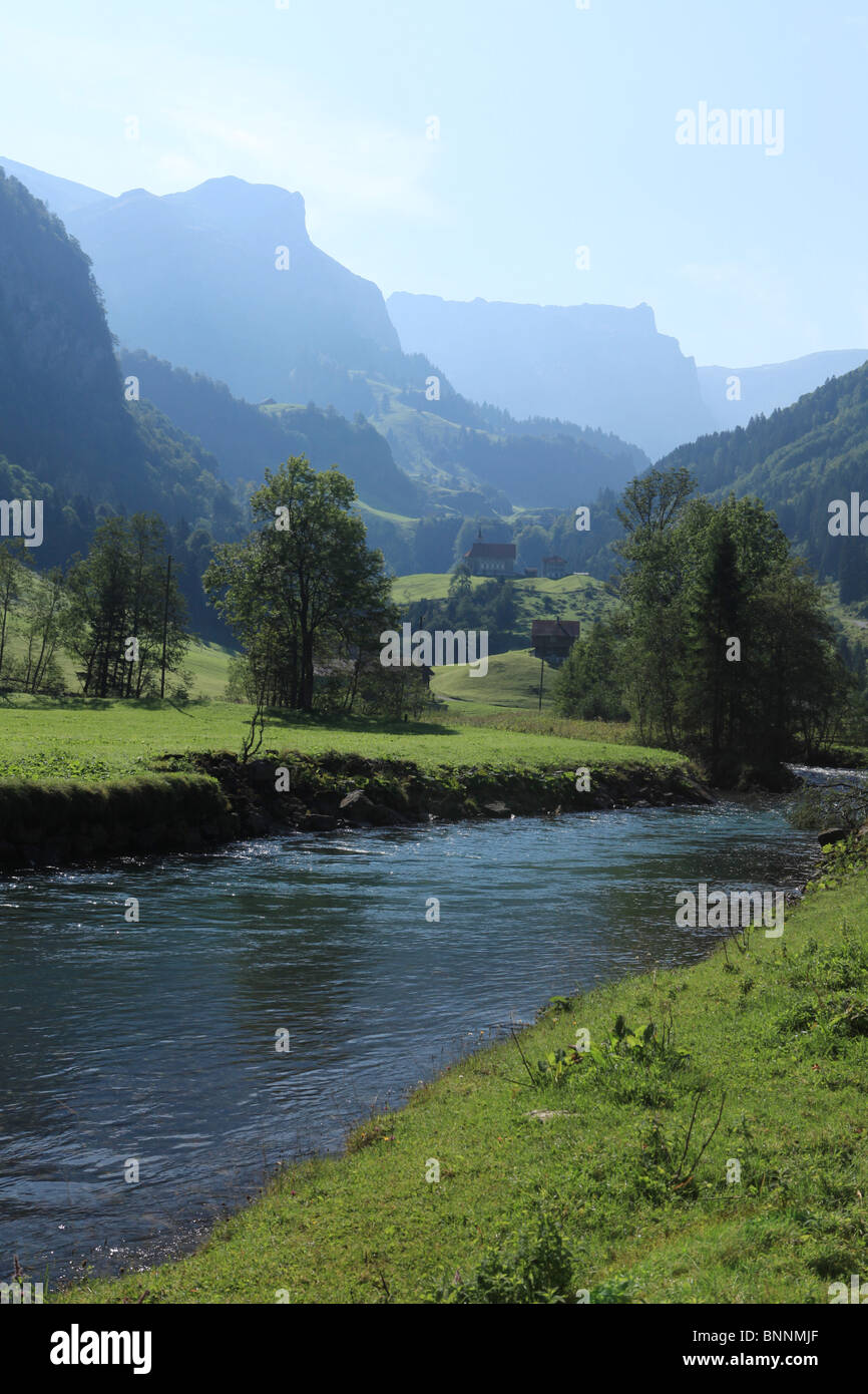 Switzerland swiss scenery nature Bisisthal river flow Muota mountains ...