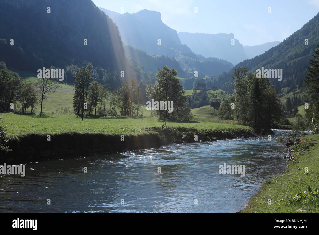Switzerland swiss scenery nature Bisisthal river flow Muota mountains ...