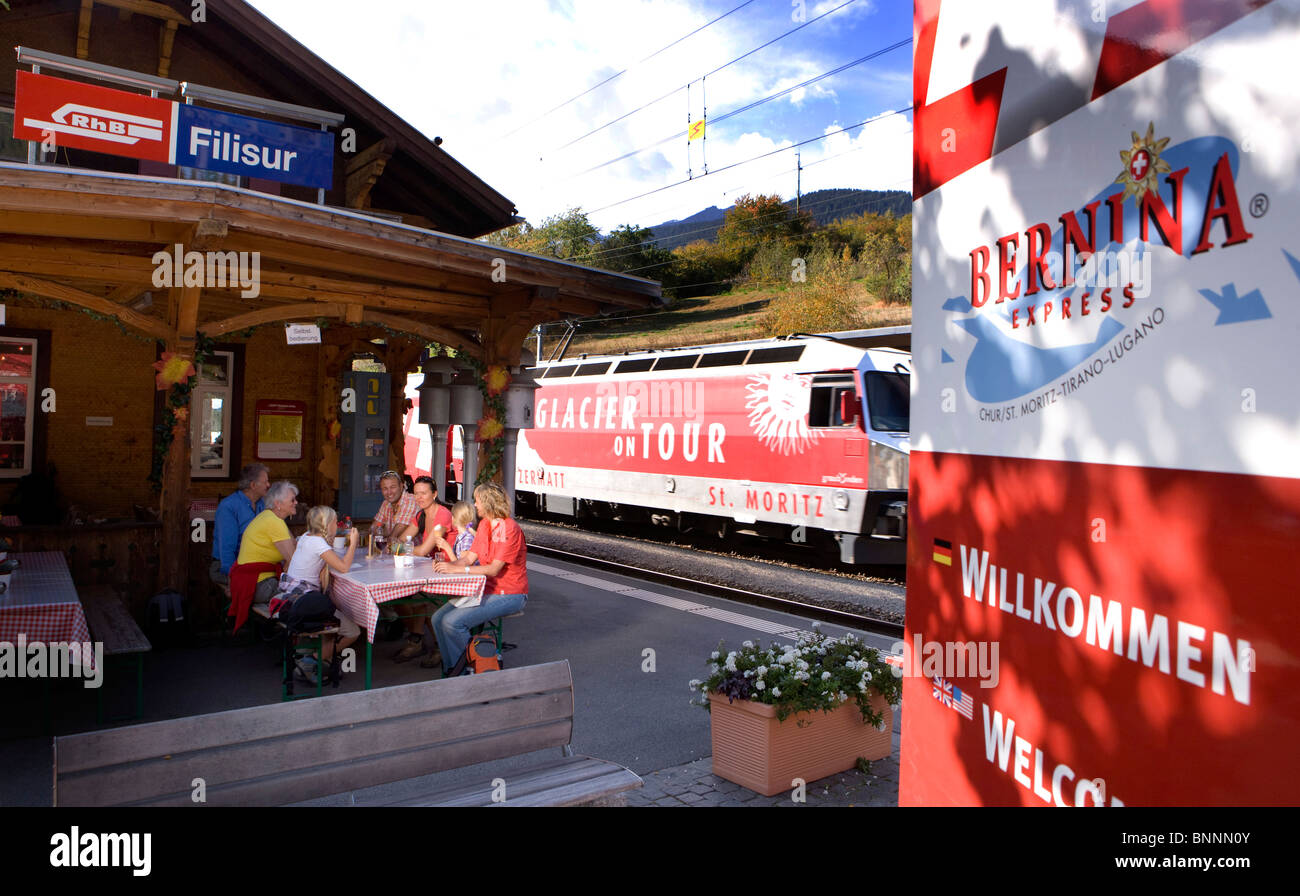 Switzerland swiss group walk hike railway station Filisur train wait ...