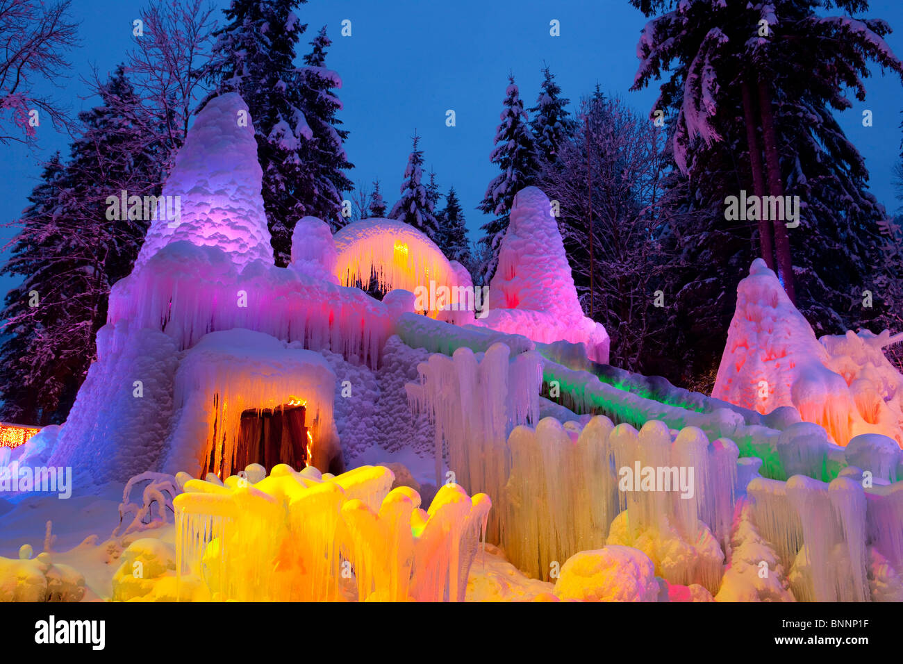 Black lake FR ice-skating rink ice ice sculpture fairy tale castle in ...