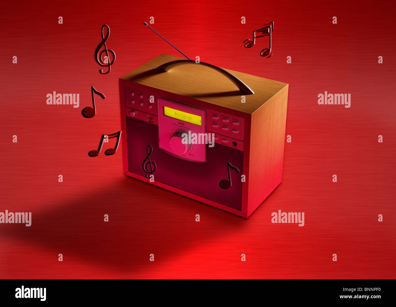 Digital DAB radio on red brushed metal with music notes Stock Photo - Alamy