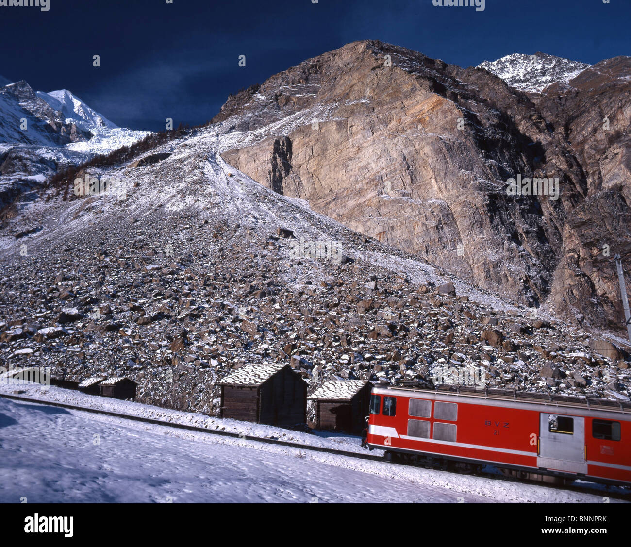 Randa VS landslip hand stone railway railroad huts snow winter train ...