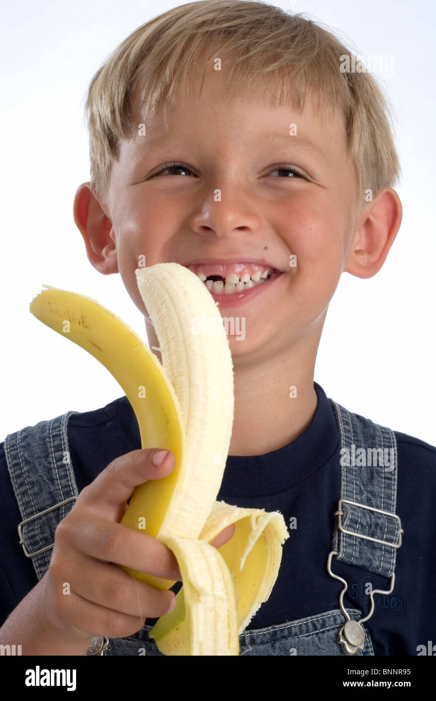 Boy child boy jack knave banana eat food feeding laugh healthy fruit ...