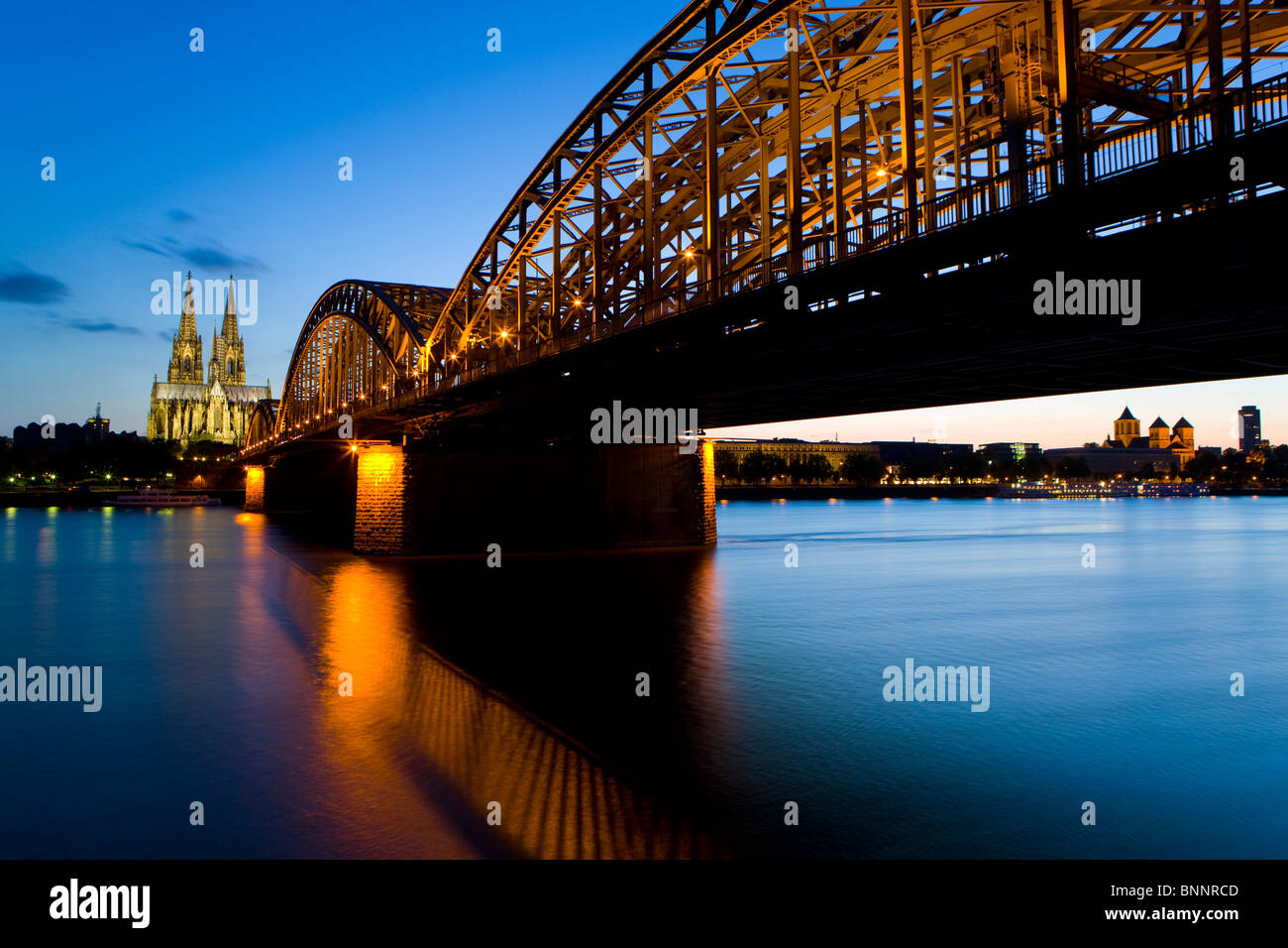 Cologne Germany North Rhine-Westphalia river flow Rhine church ...