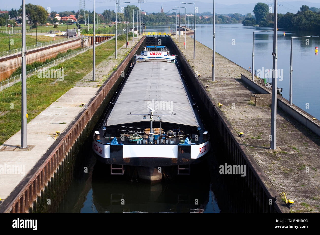 Ship sluice floodgate Main boat river flow transport Germany Hessen ...