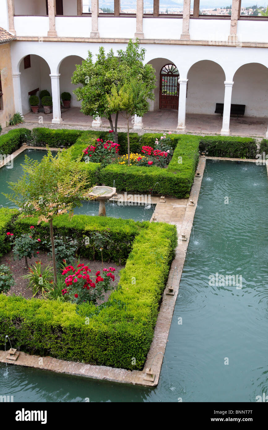 A water feature in the Generalife gardens at the Alhambra in Granada ...