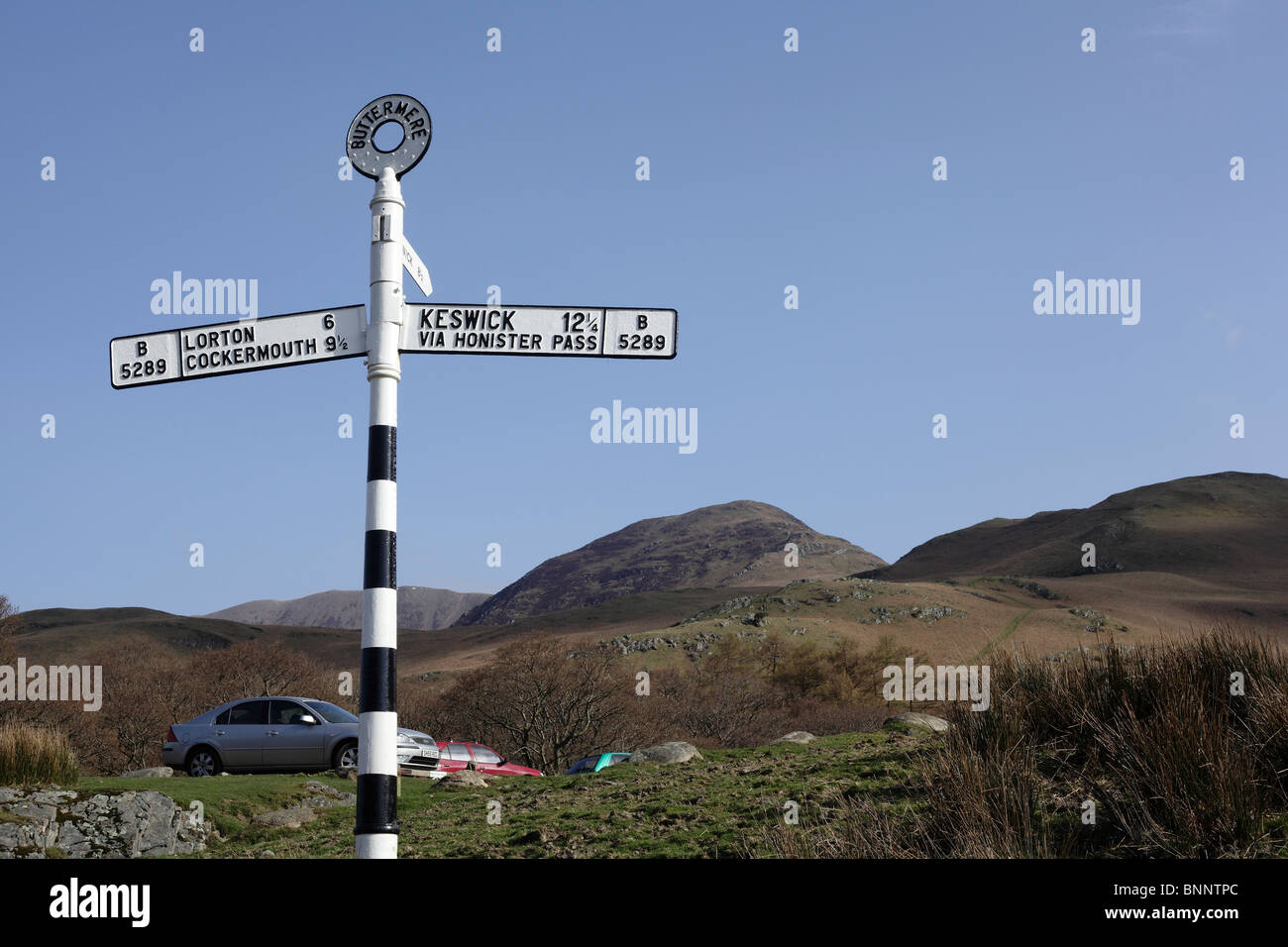 Road sign, Buttermere, The Lake District, Cumbria, Uk, April 2010 Stock ...