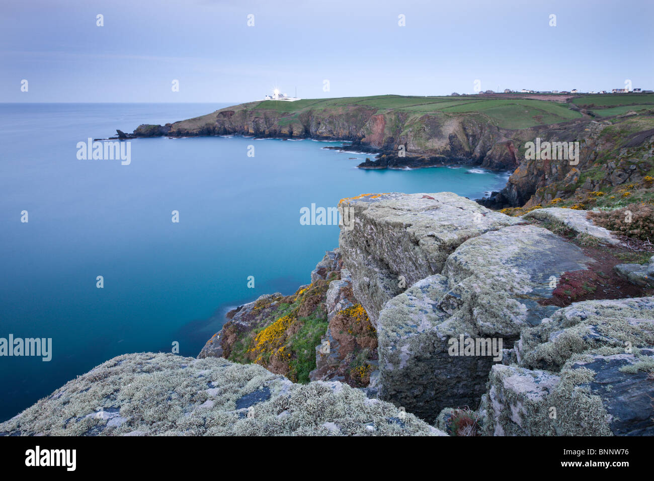 Looking across Housel Bay at dawn to The Lizard Peninsula and ...