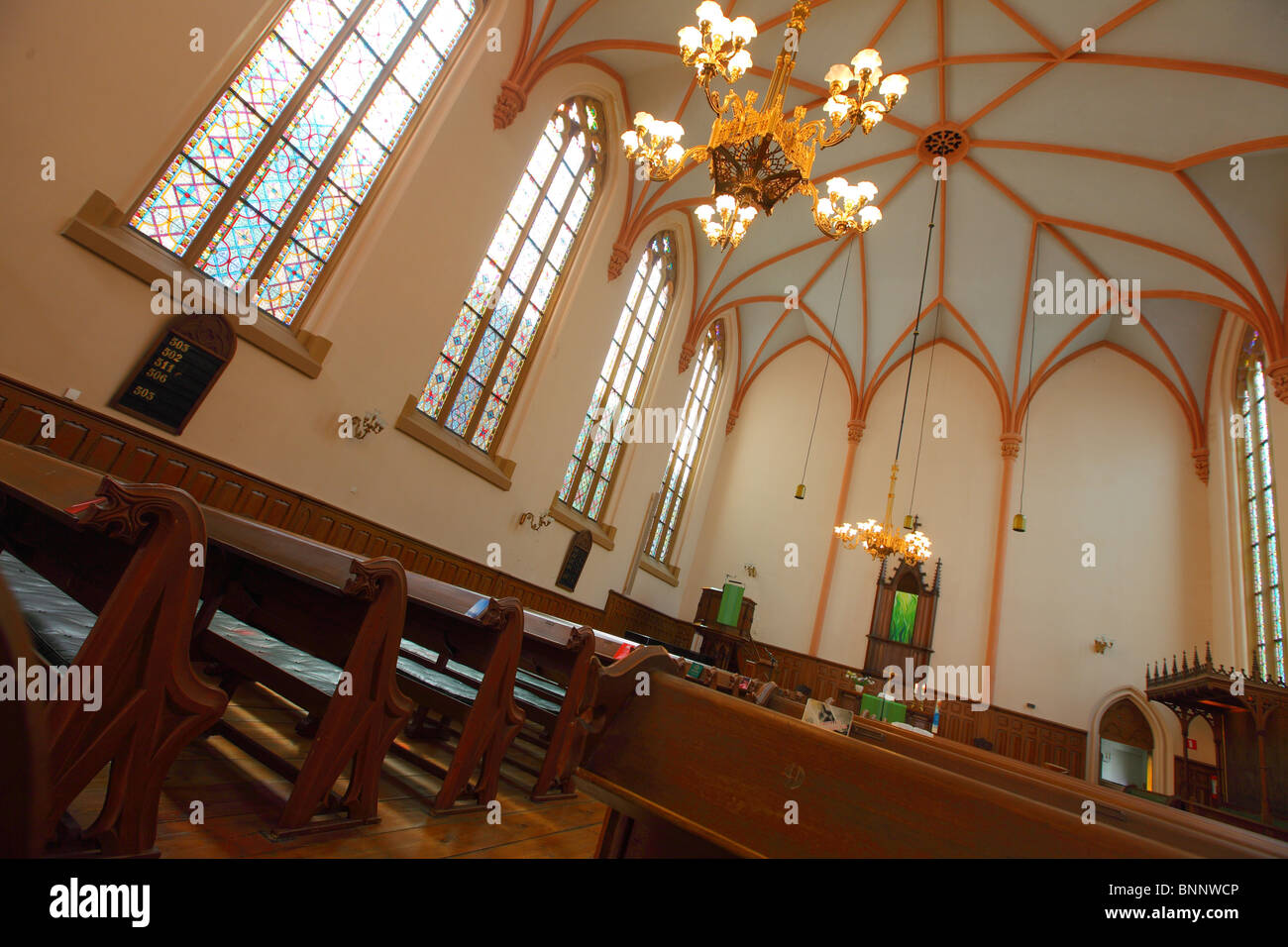 interior of German Church with stained glas, The Hague, Den Haag ...