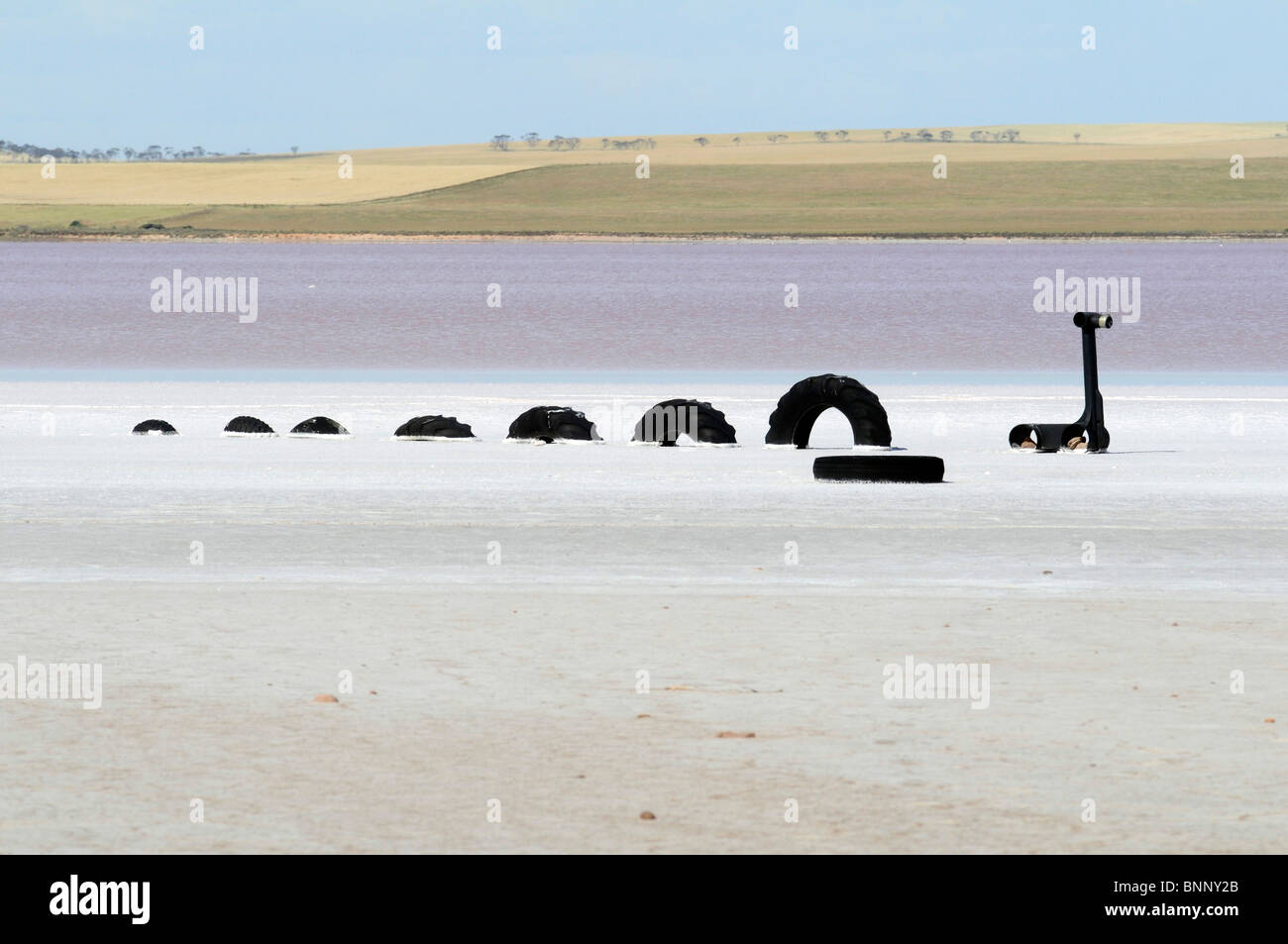 A mock Loch Ness monster made out of old tyres on a salt lake north of ...
