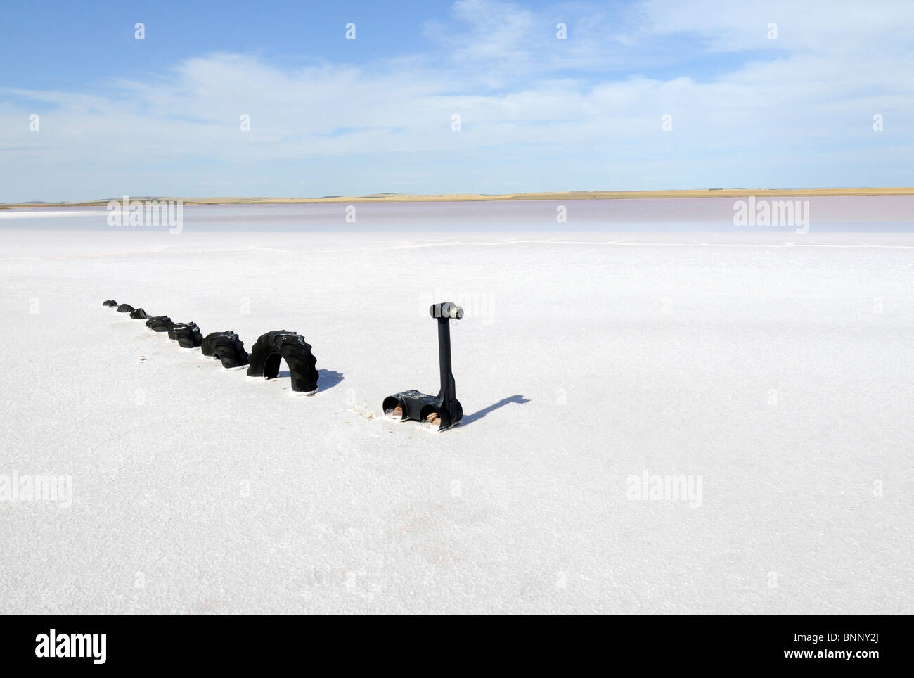 A mock Loch Ness monster made out of old tyres on a salt lake north of ...