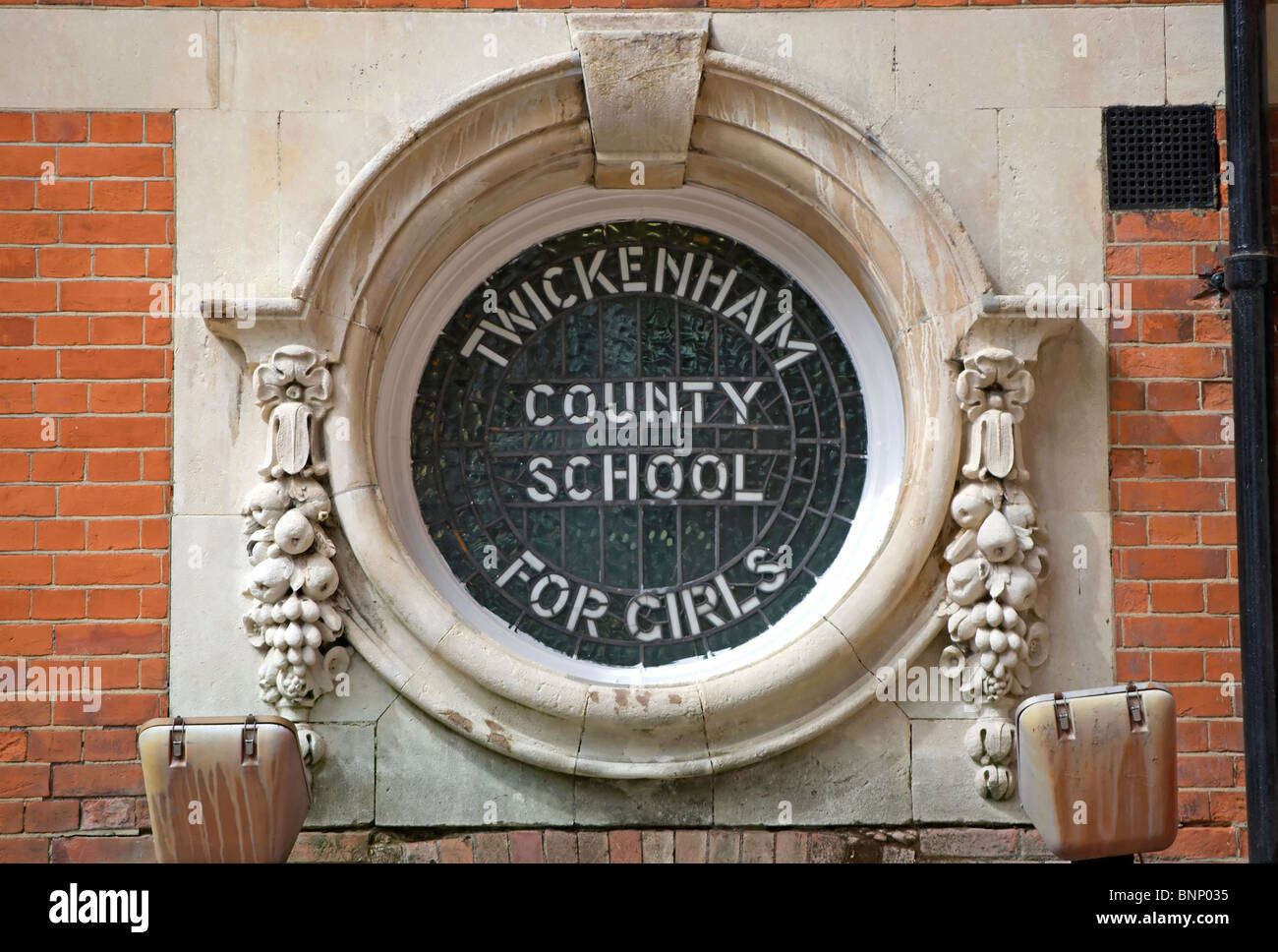porthole window with lettering at the former twickenham county school ...