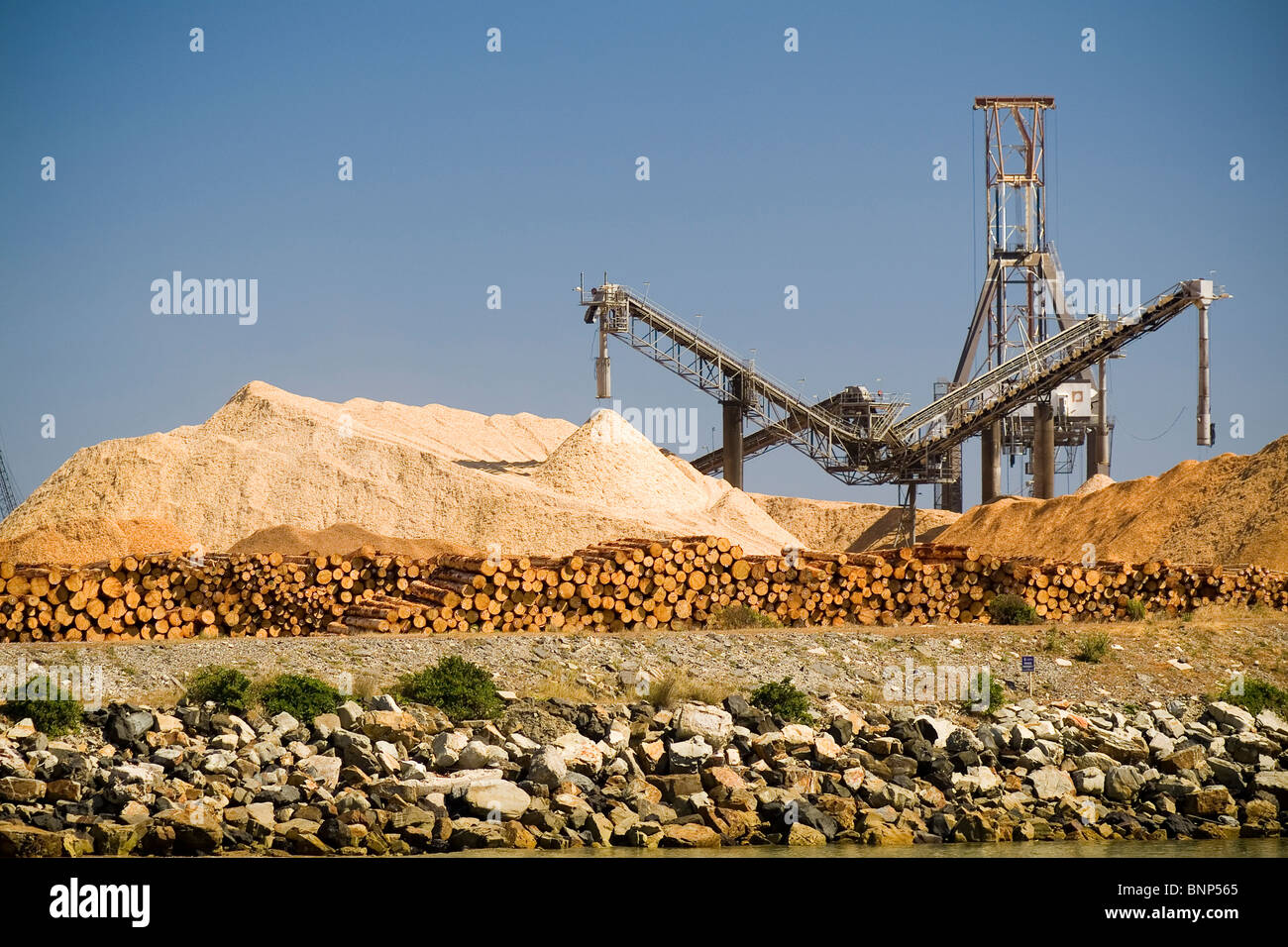 Large timber yards and processing machines on shore-front Stock Photo ...