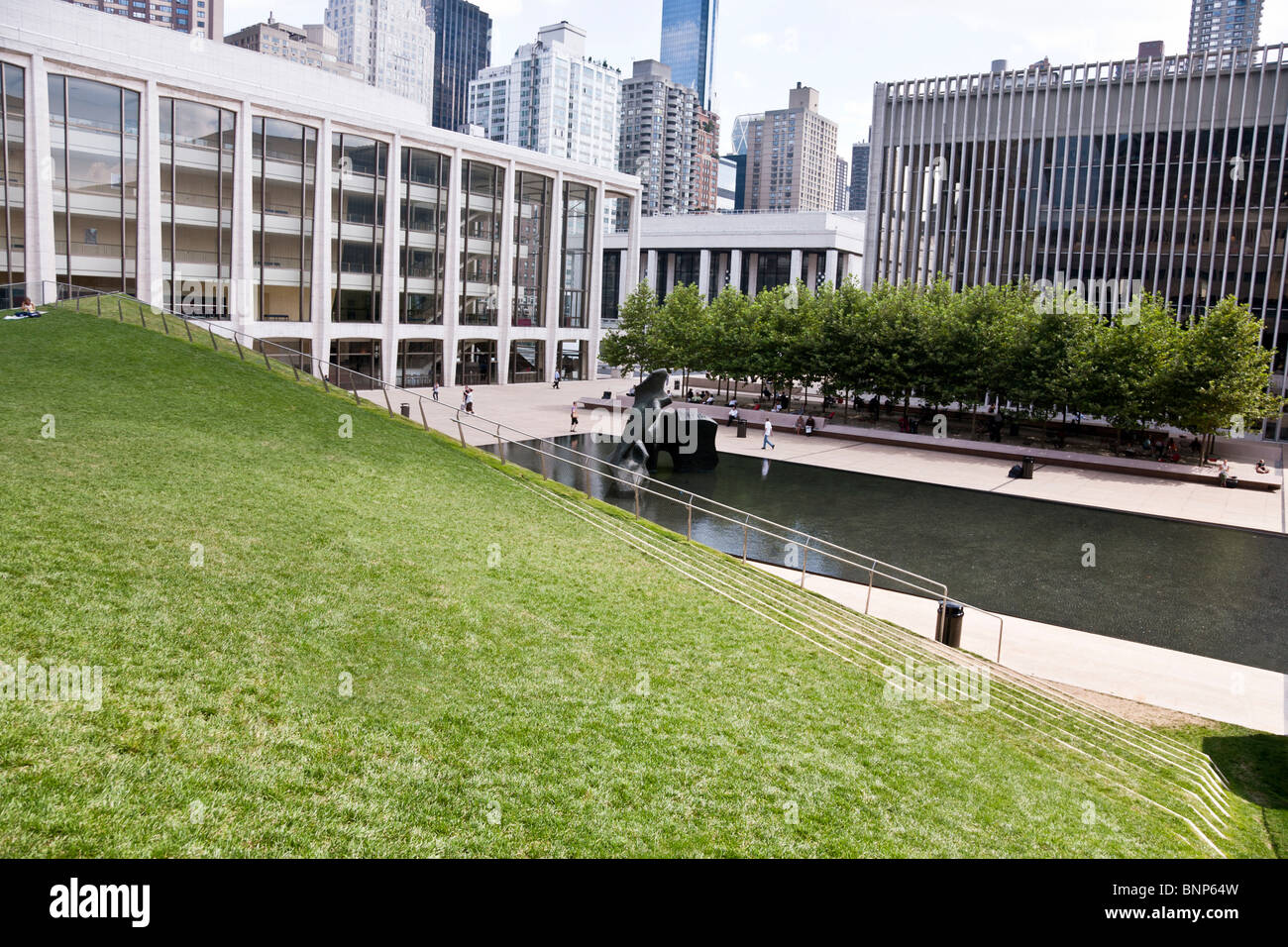 looking down from tilted rooftop lawn across Lincoln Center North ...