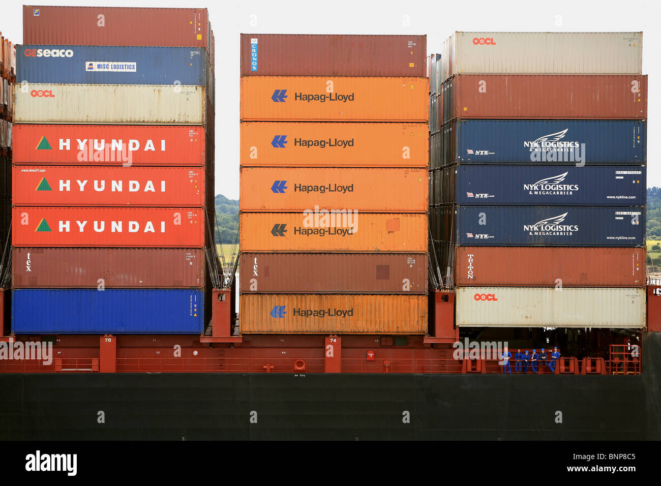 Container ship sailing Southampton. Note the scale of the containers ...