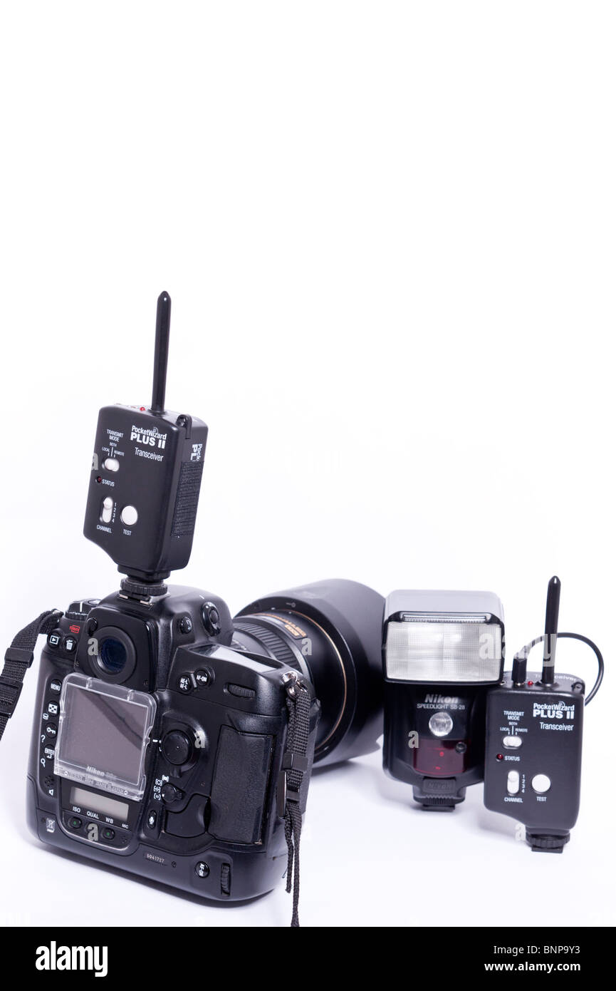 A digital camera DSLR showing a Pocket Wizard radio controlled trigger ...