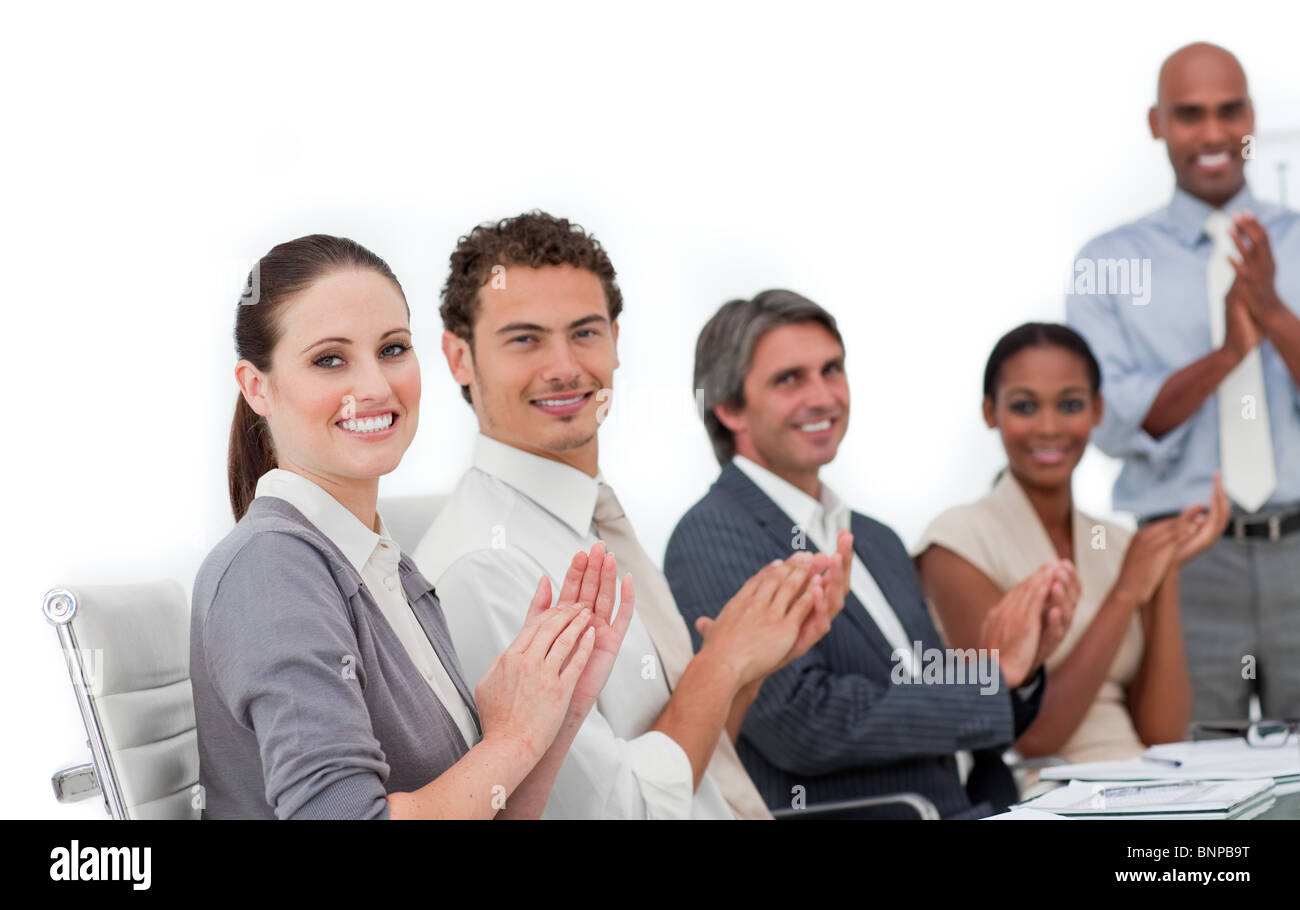 Confident business people clapping a good presentation Stock Photo - Alamy